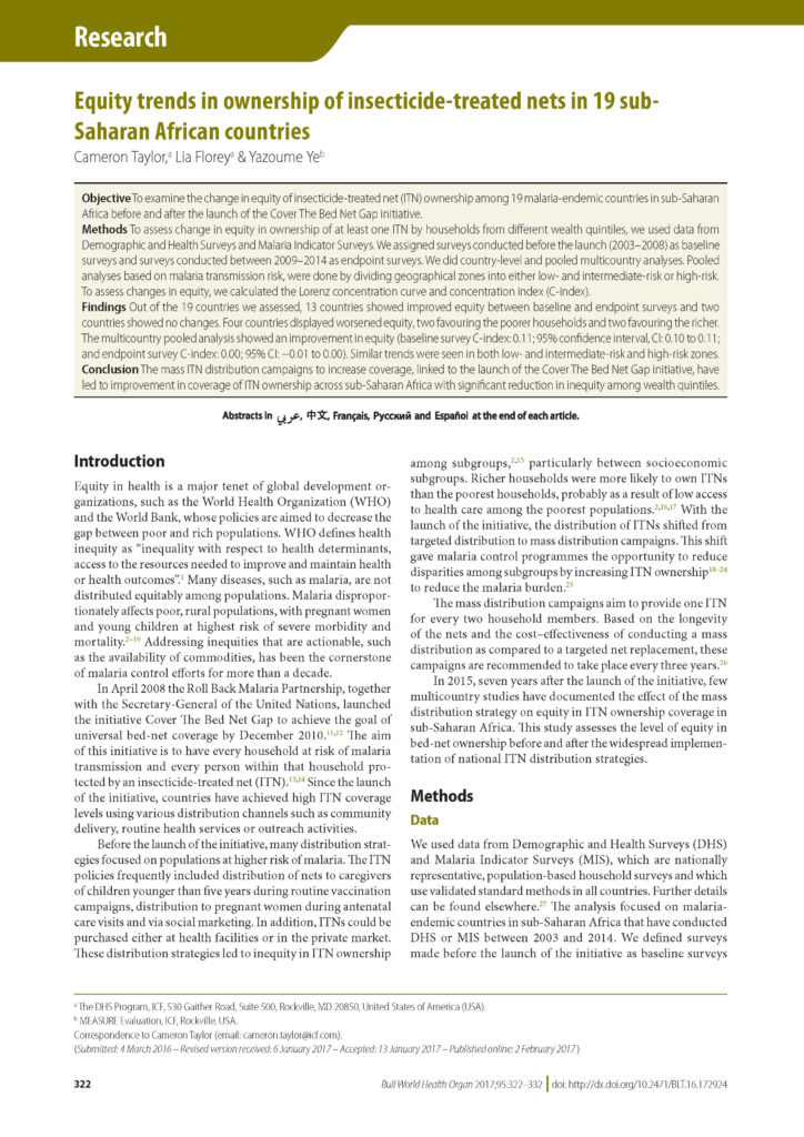 Equity Trends in Ownership of Insecticide-Treated Nets in 19 sub ...